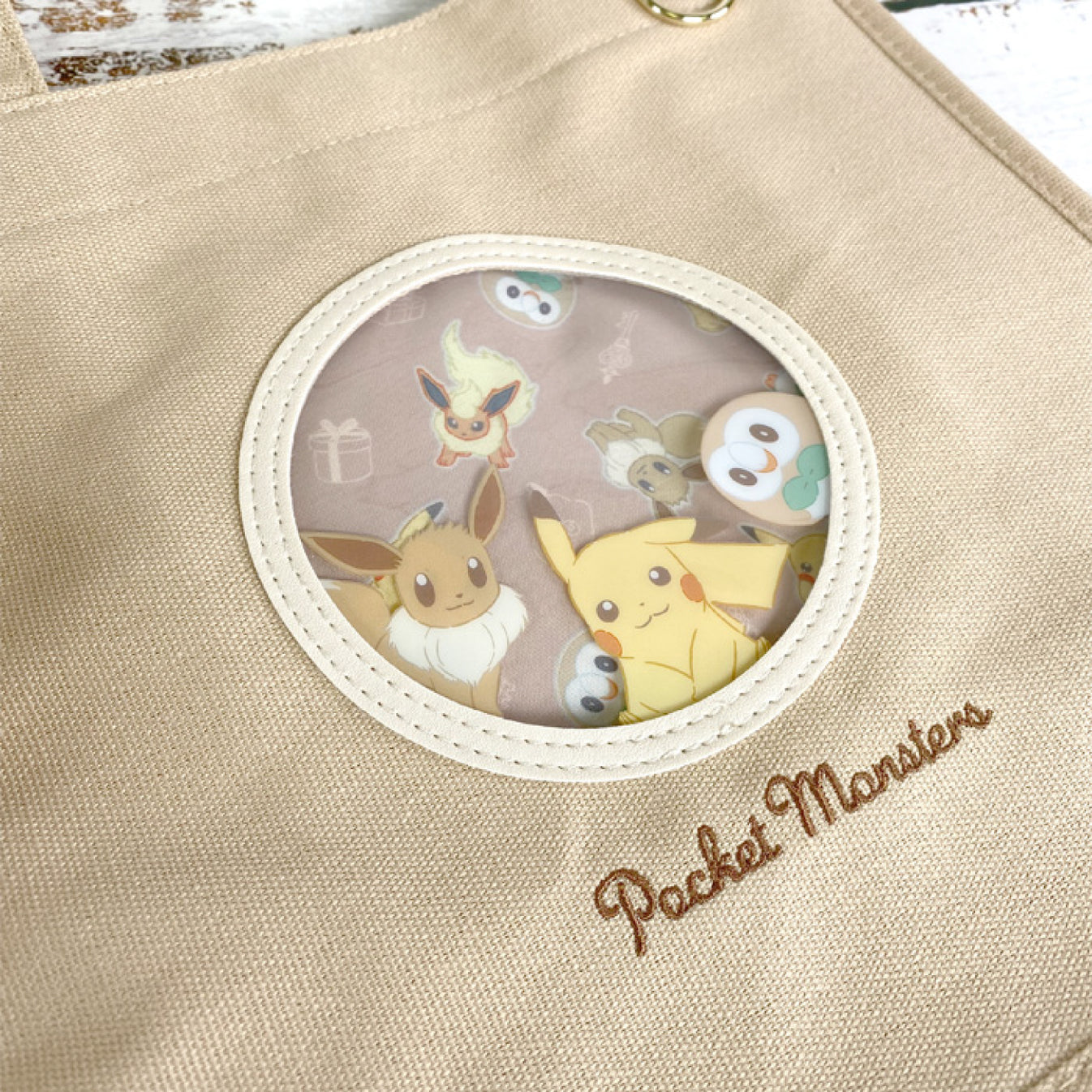 Pokemon PVC Window Tote Bag Lunch Bag - Beige (Eevee, Pikachu, Rowlet ...