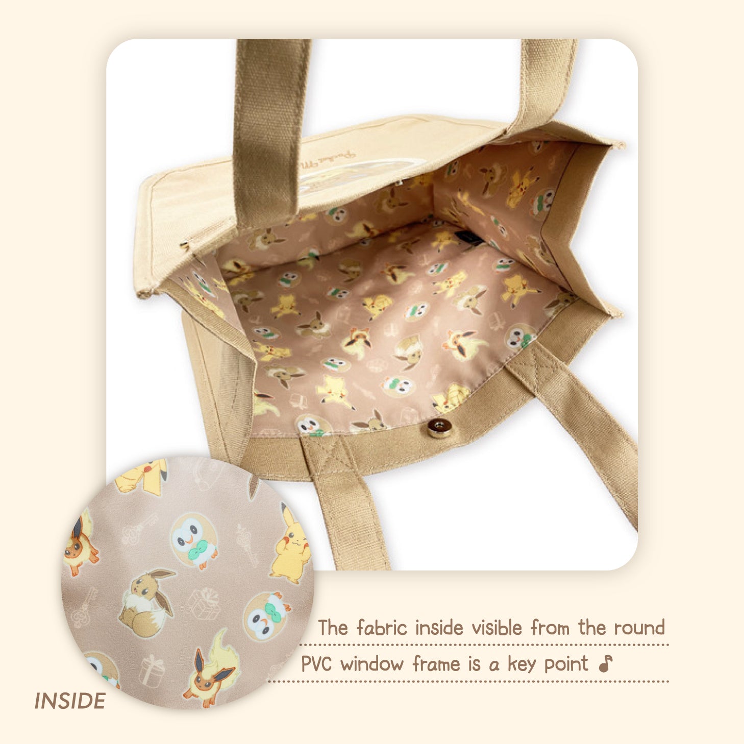 Pokemon PVC Window Tote Bag Lunch Bag - Beige (Eevee, Pikachu, Rowlet ...