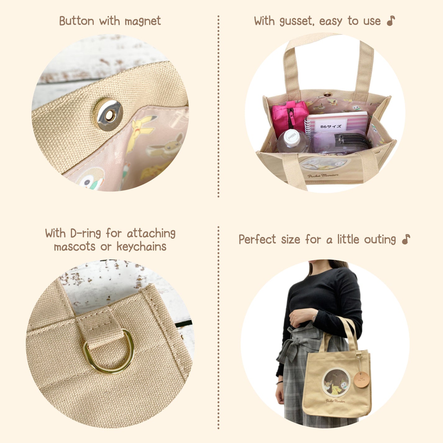 Pokemon PVC Window Tote Bag Lunch Bag - Beige (Eevee, Pikachu, Rowlet ...